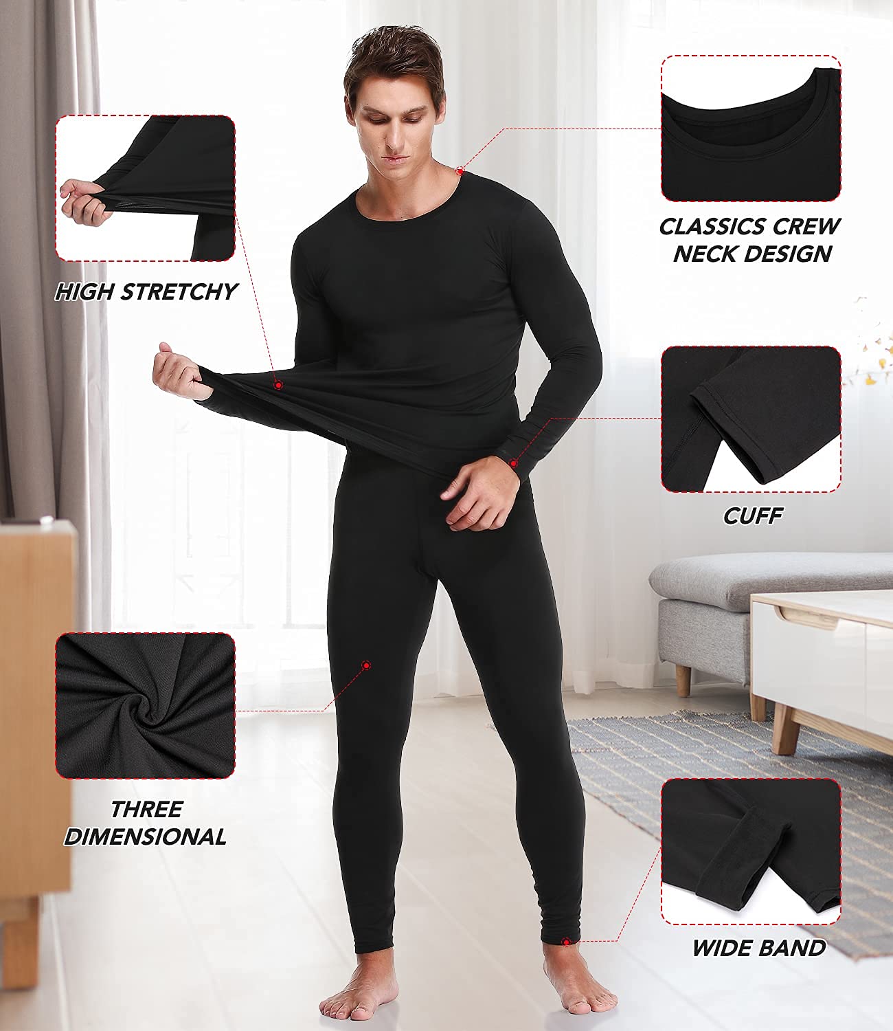 JZCreater Thermal Underwear for Men, Mens Long Johns Thermal Underwear Set, Winter Fleece Lined Base Layer Set for Cold Weather (Large, Black)