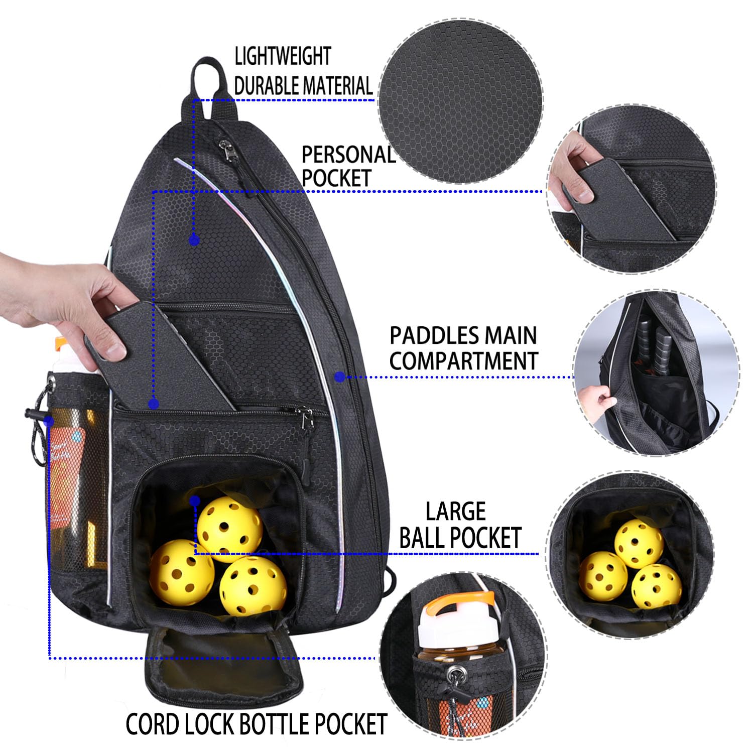 LLYWCM Pickleball Bag - Pickleball Bags for Women Men - Pickleball Backpack - Travel Pickleball Paddle Case, Pickle Ball Bag for Pickleball Paddle Tennis Racket, Pickleball Sling Bag(Black)