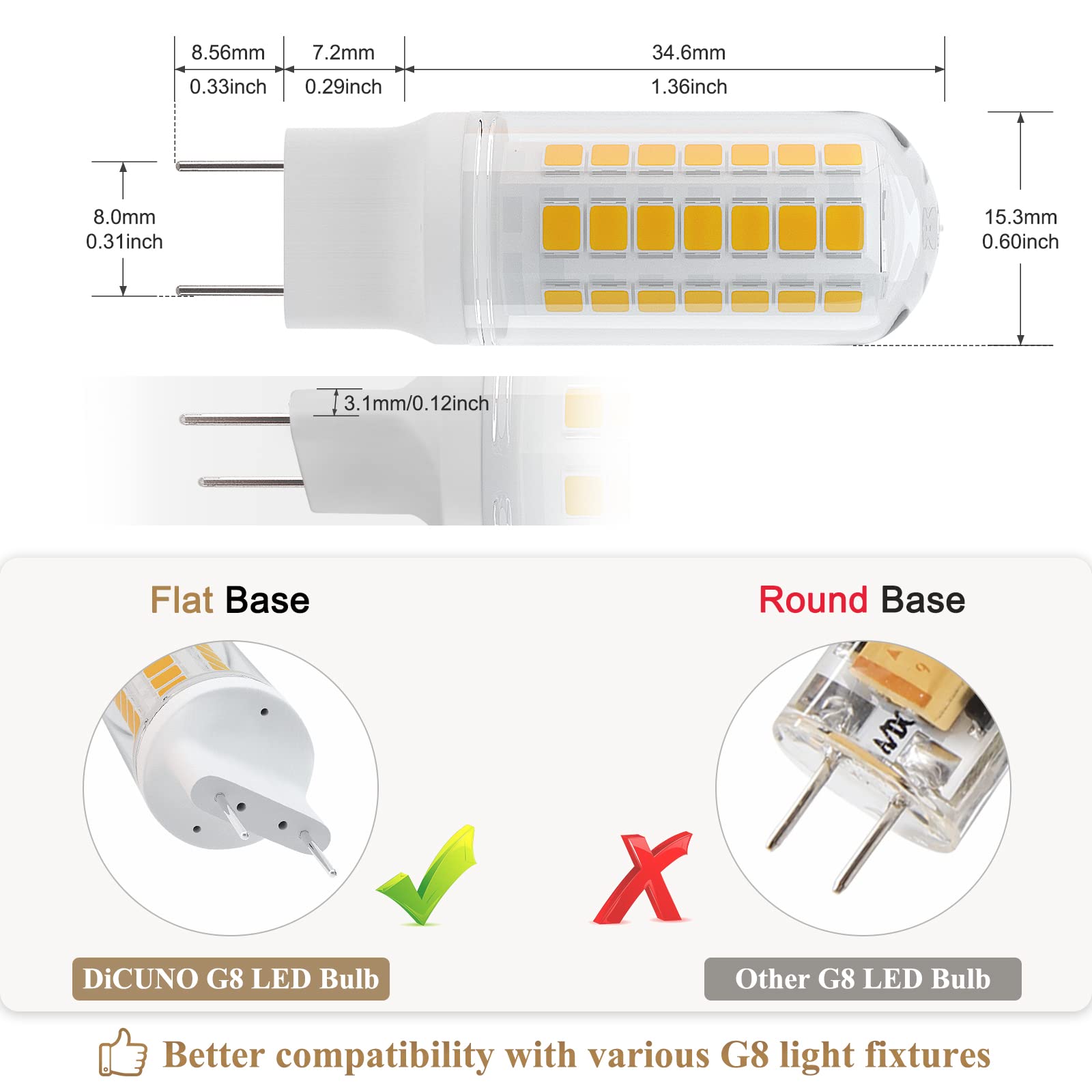 DiCUNO G8 LED Bulb 4W Flat Base, 40W Halogen Equivalent, 450LM, Warm White 3000K, Non-dimmable Bi-Pin Replacement Bulb for Under Counter, Under-Cabinet Light and Puck Light, 6-Pack