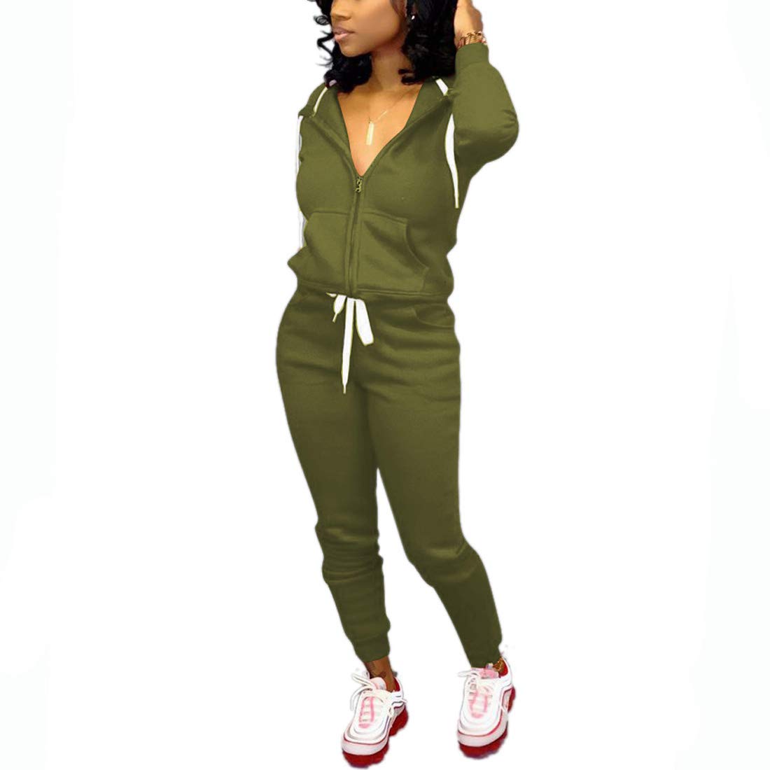 Nimsruc Jogging Suits for Women 2 Piece Tracksuit Long Sleeve Casual Hooded Zipper Pants Set Army Green L