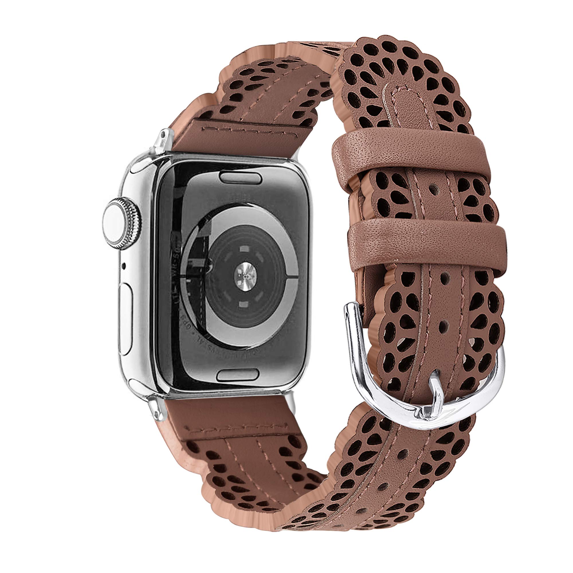 Secbolt Leather Bands Compatible with Apple Watch Band 38mm 40mm 41mm iWatch SE Series 9 8 7 6 5 4 3 2 1, Breathable Chic Lace Leather Strap for Women, Brown