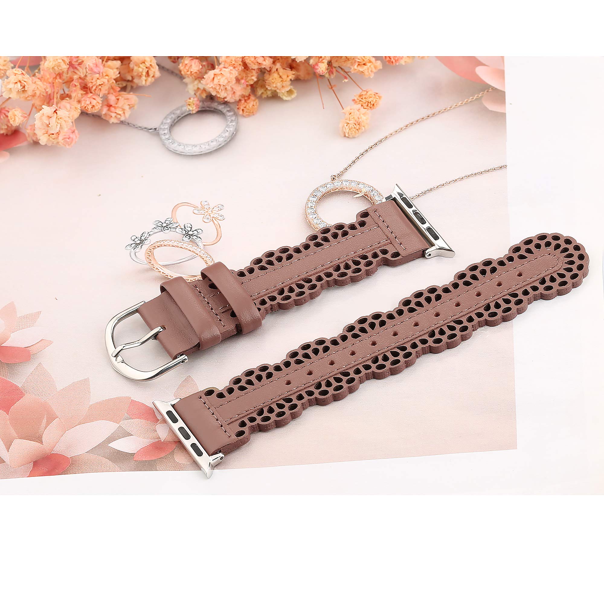 Secbolt Leather Bands Compatible with Apple Watch Band 38mm 40mm 41mm iWatch SE Series 9 8 7 6 5 4 3 2 1, Breathable Chic Lace Leather Strap for Women, Brown