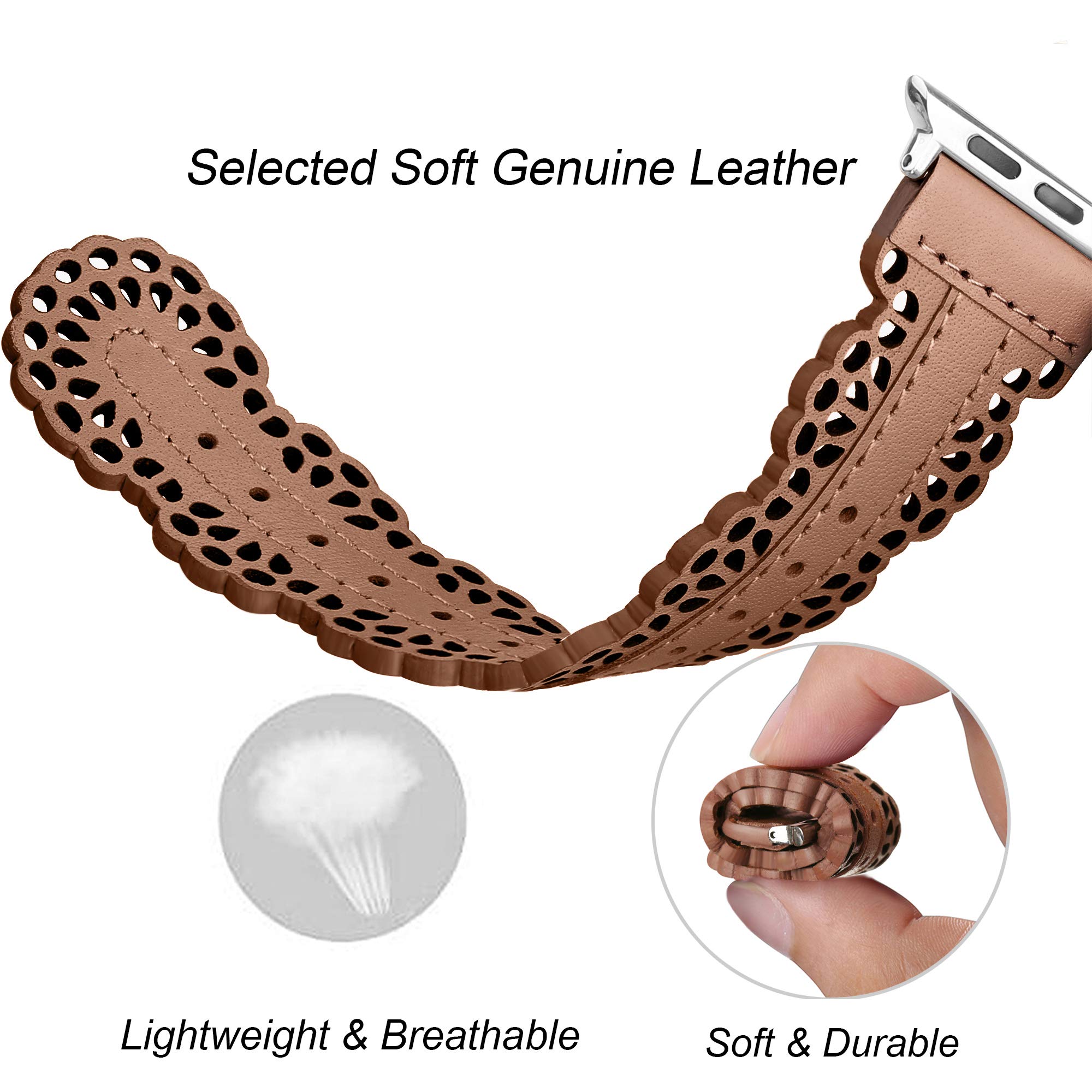 Secbolt Leather Bands Compatible with Apple Watch Band 38mm 40mm 41mm iWatch SE Series 9 8 7 6 5 4 3 2 1, Breathable Chic Lace Leather Strap for Women, Brown