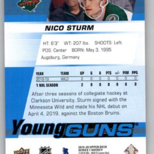 2019-20 Upper Deck Series One Hockey #219 Nico Sturm RC Rookie Card Minnesota Wild Official NHL Trading Card From UD