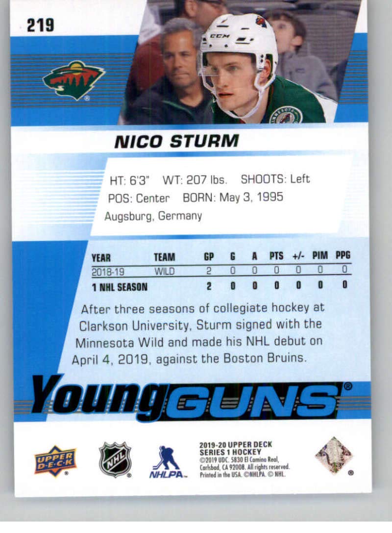 2019-20 Upper Deck Series One Hockey #219 Nico Sturm RC Rookie Card Minnesota Wild Official NHL Trading Card From UD