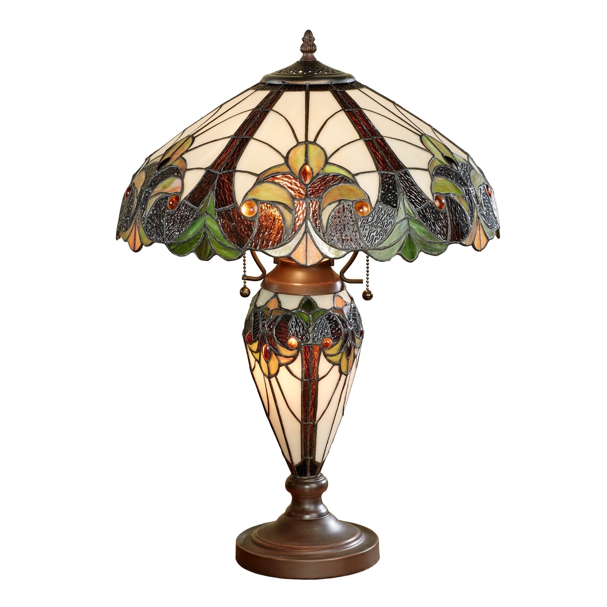 Touch of Class Clavillia Tiffany Style Stained Glass Table Lamp Hunter Green One Size - Lampshade with Nightlight - Art Nouveau Inspired Lamps for Desk, Bedside, Bedroom, Living Room