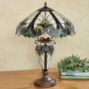 Touch of Class Clavillia Tiffany Style Stained Glass Table Lamp Hunter Green One Size - Lampshade with Nightlight - Art Nouveau Inspired Lamps for Desk, Bedside, Bedroom, Living Room