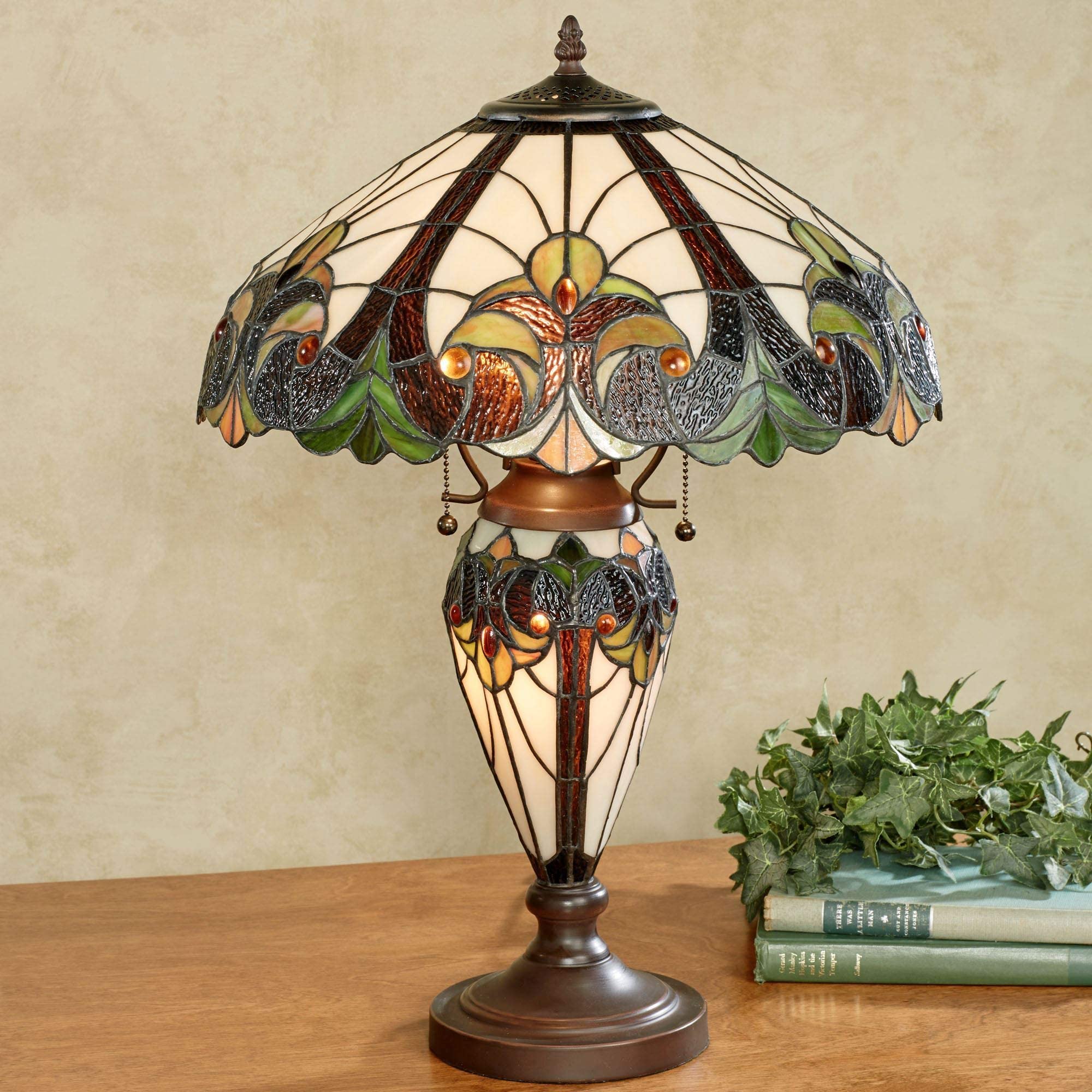 Touch of Class Clavillia Tiffany Style Stained Glass Table Lamp Hunter Green One Size - Lampshade with Nightlight - Art Nouveau Inspired Lamps for Desk, Bedside, Bedroom, Living Room