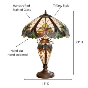 Touch of Class Clavillia Tiffany Style Stained Glass Table Lamp Hunter Green One Size - Lampshade with Nightlight - Art Nouveau Inspired Lamps for Desk, Bedside, Bedroom, Living Room