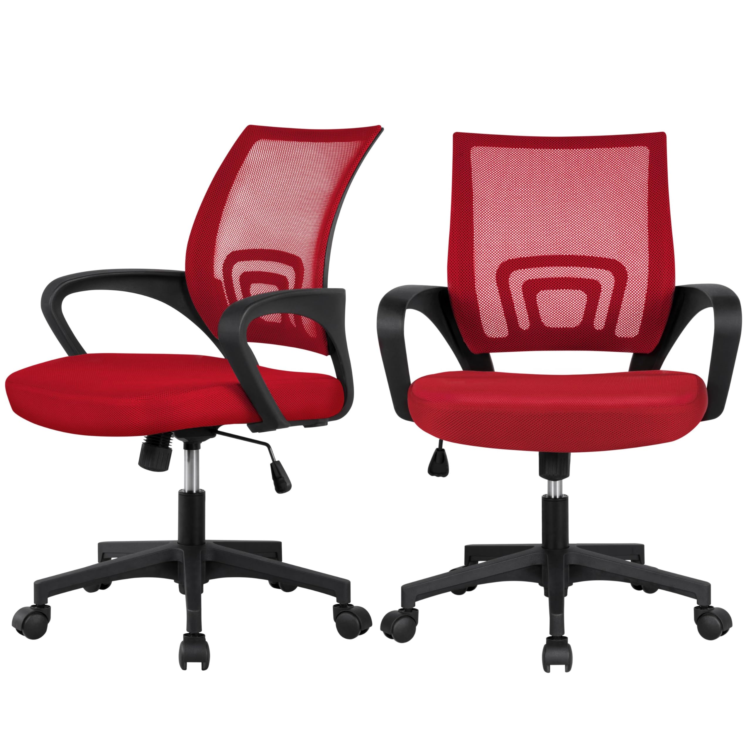 Yaheetech 2pcs Ergonomic Mesh Office Chairs, Computer Chair with Lumbar Support & 360° Rolling Casters 276lb Weight Capacity, Mid-Back Height Adjustable Task Chairs Red