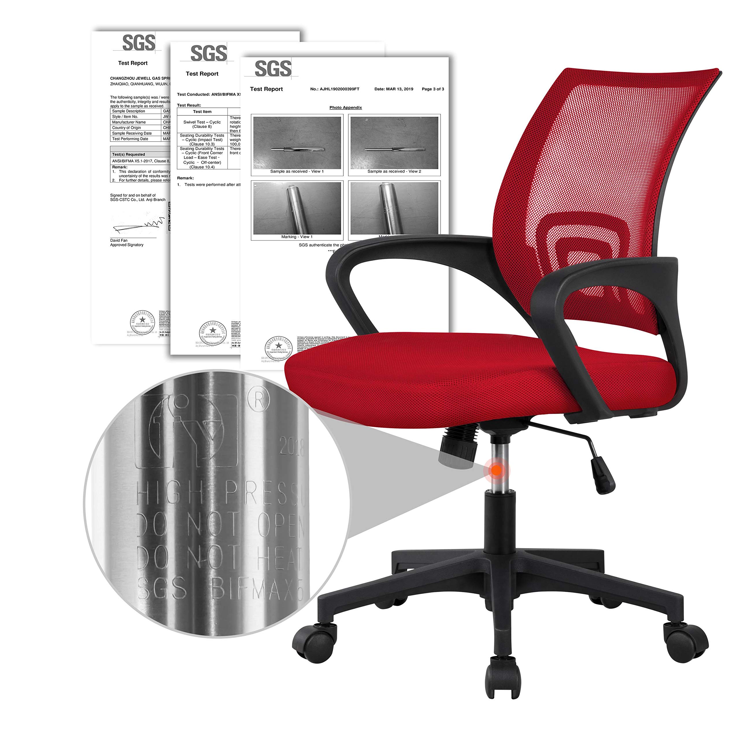 Yaheetech 2pcs Ergonomic Mesh Office Chairs, Computer Chair with Lumbar Support & 360° Rolling Casters 276lb Weight Capacity, Mid-Back Height Adjustable Task Chairs Red