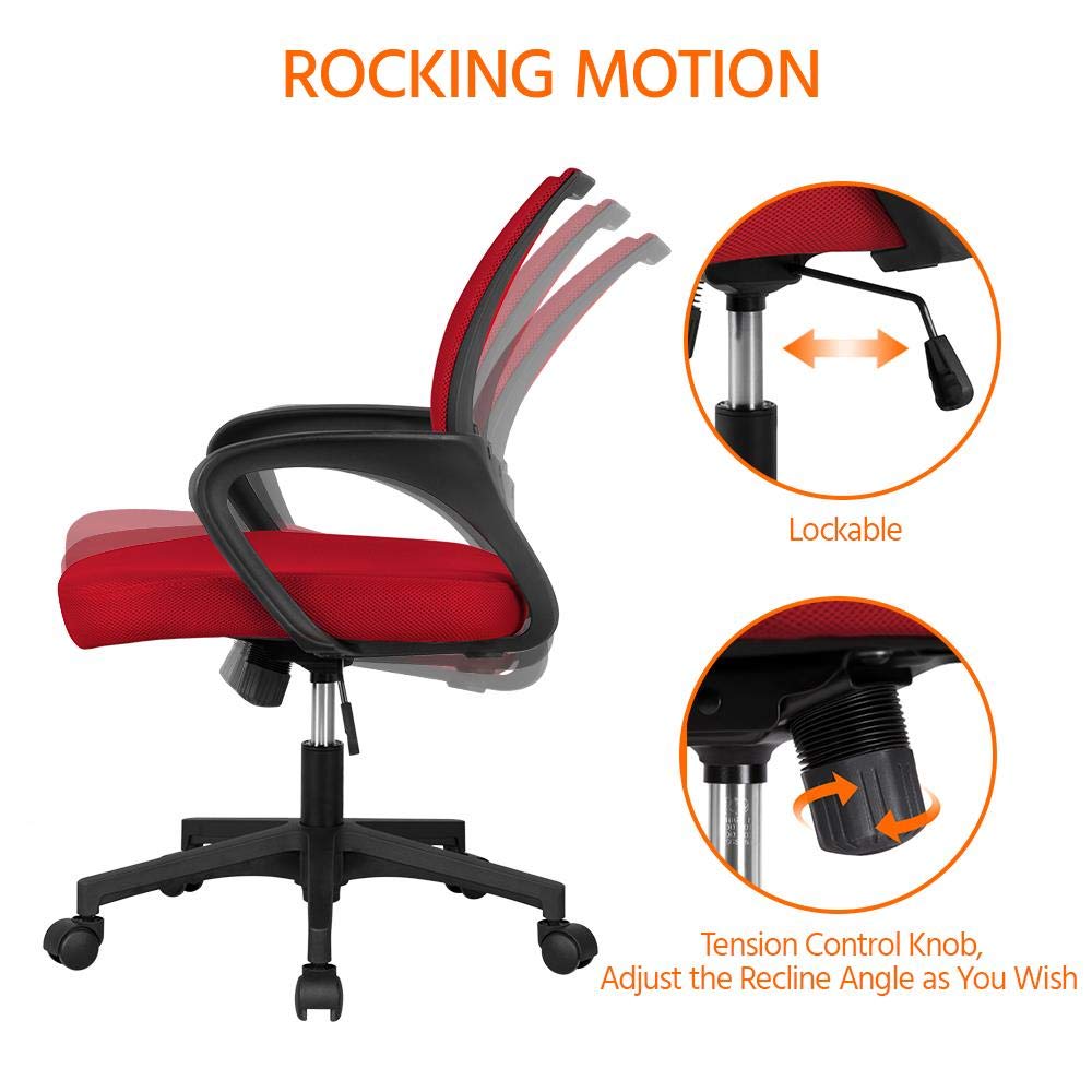 Yaheetech 2pcs Ergonomic Mesh Office Chairs, Computer Chair with Lumbar Support & 360° Rolling Casters 276lb Weight Capacity, Mid-Back Height Adjustable Task Chairs Red