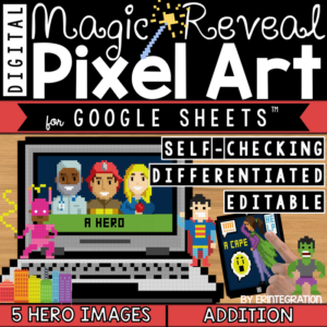 addition and subtraction fact practice on google sheets - self checking - heroes themed - magic reveal - digital pixel art (editable)