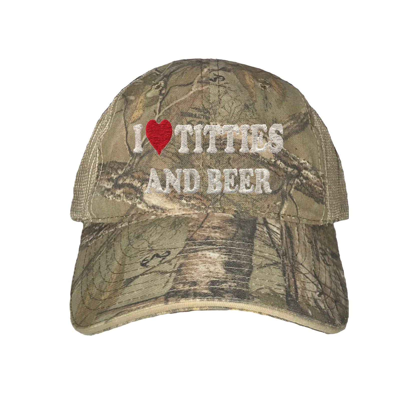 Go All Out One Size TreeCamo Xtra/Khaki Adult I Love Titties & Beer Embroidered Distressed Trucker Cap