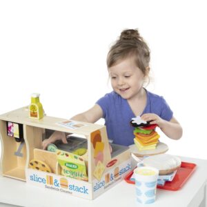 Melissa & Doug Wooden Slice & Stack Sandwich Counter with Deli Slicer – 56-Piece Pretend Play Wooden Food Toys, Kitchen Food Set For Toddlers And Kids Ages 3+