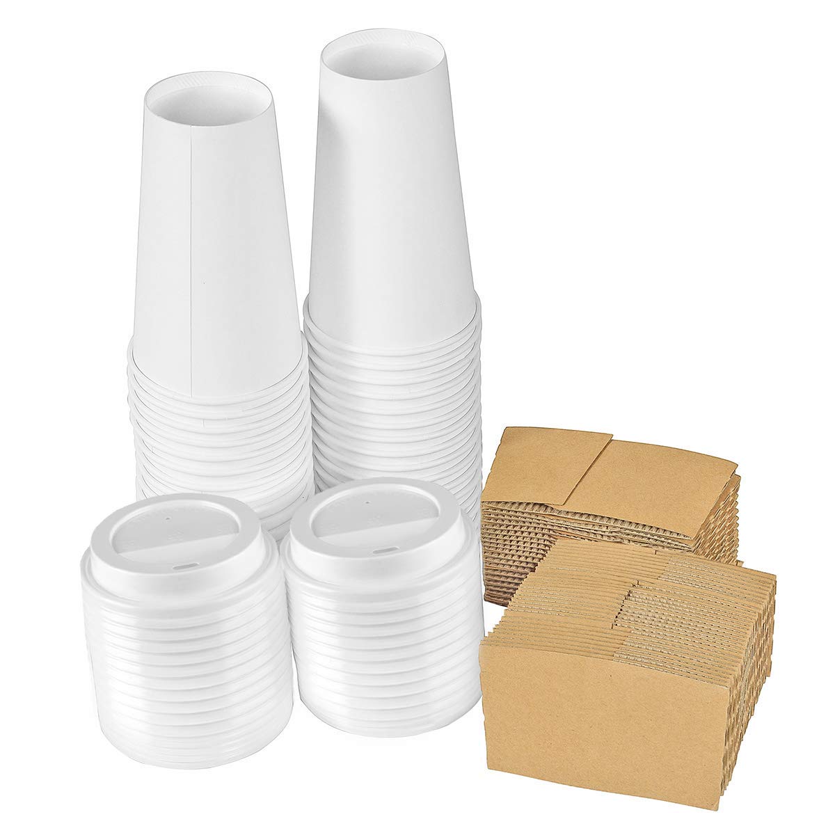 PrepStor Disposable Coffee Cups with Lids 16 oz – Pack of 50, Cold/Hot Beverage Paper Cups with Sleeves