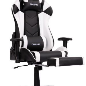 OHAHO Gaming Chair Racing Style Office Chair Adjustable Massage Lumbar Cushion Swivel Rocker Recliner High Back Ergonomic Computer Desk Chair with Retractable Arms and Footrest(Black/White)