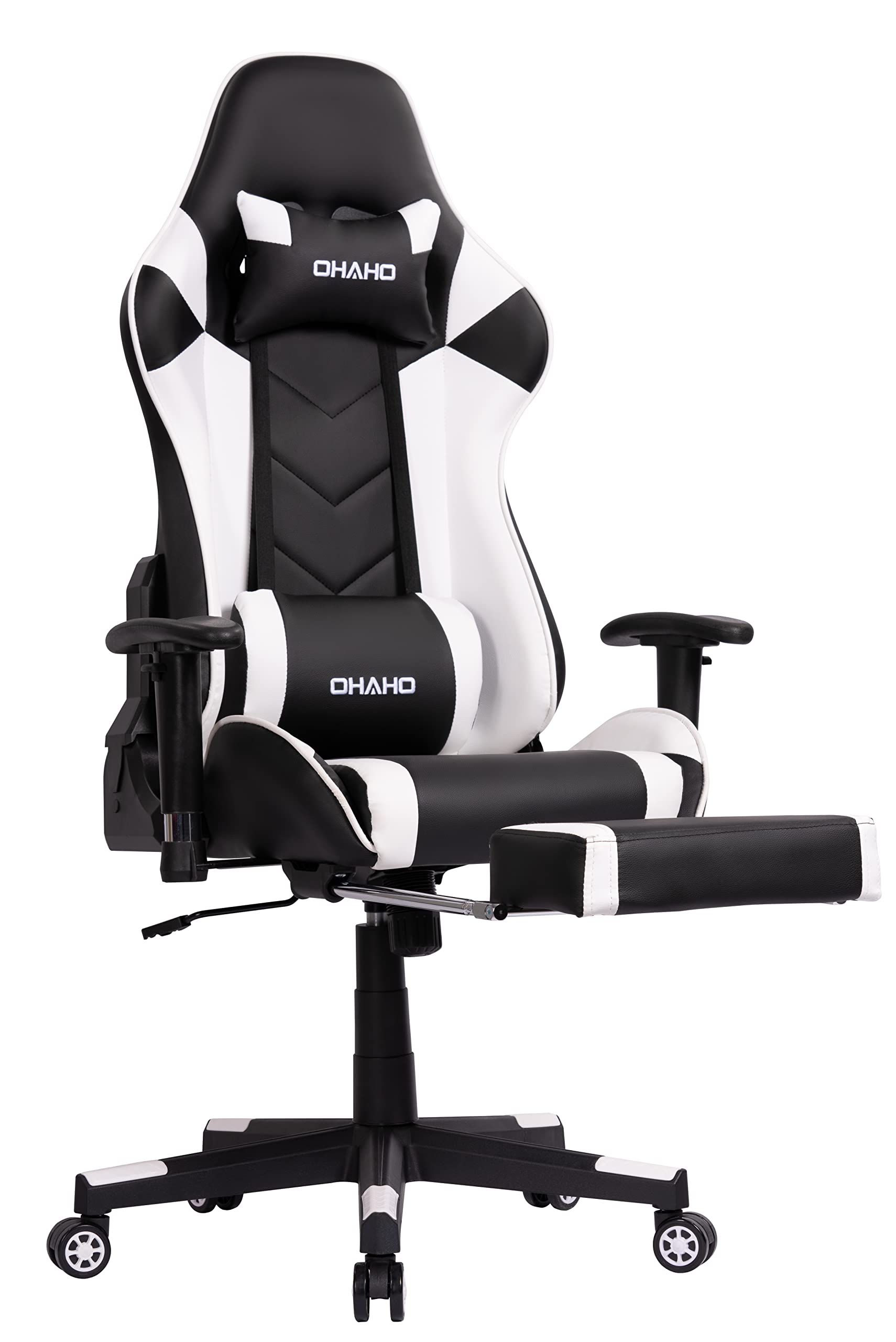 OHAHO Gaming Chair Racing Style Office Chair Adjustable Massage Lumbar Cushion Swivel Rocker Recliner High Back Ergonomic Computer Desk Chair with Retractable Arms and Footrest(Black/White)