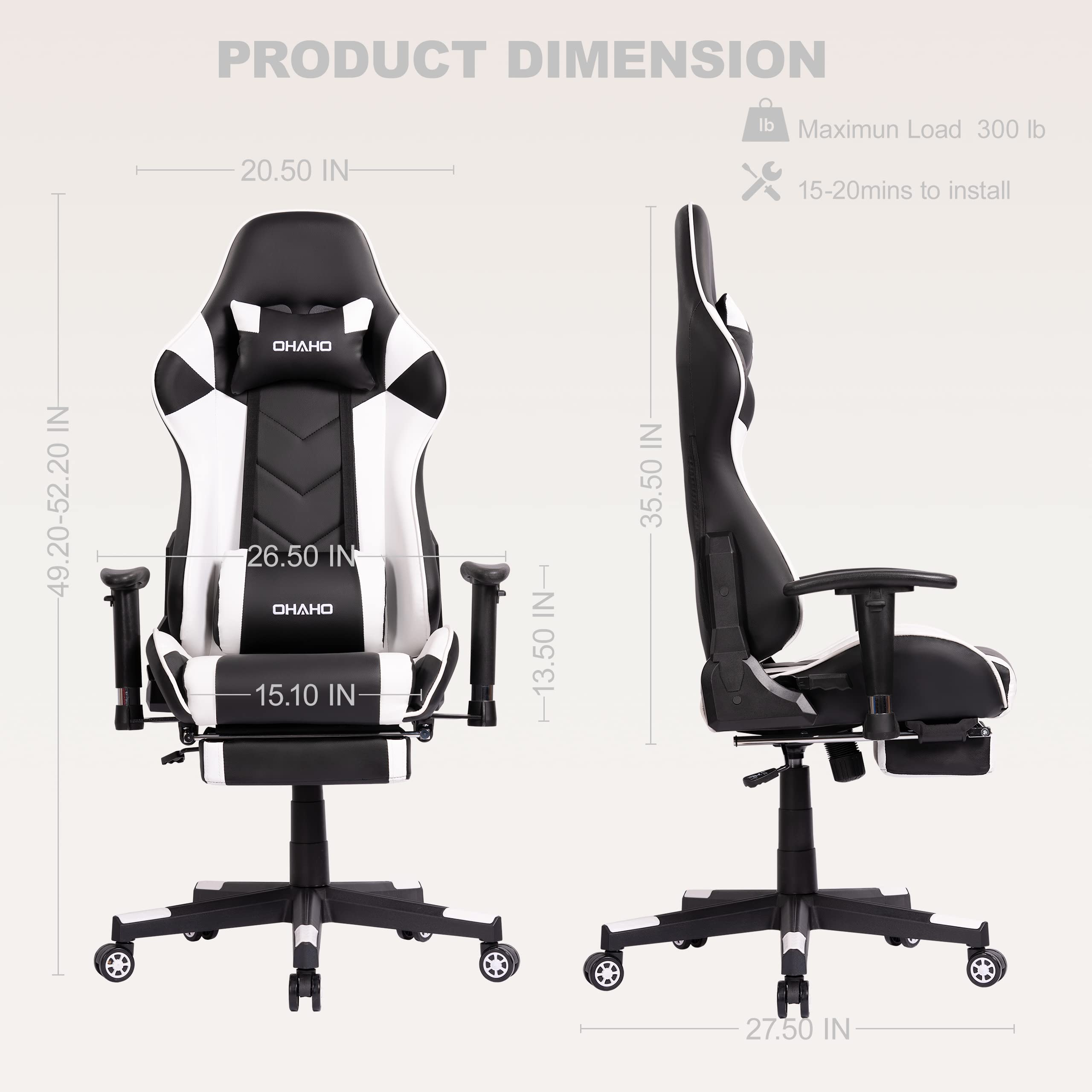 OHAHO Gaming Chair Racing Style Office Chair Adjustable Massage Lumbar Cushion Swivel Rocker Recliner High Back Ergonomic Computer Desk Chair with Retractable Arms and Footrest(Black/White)