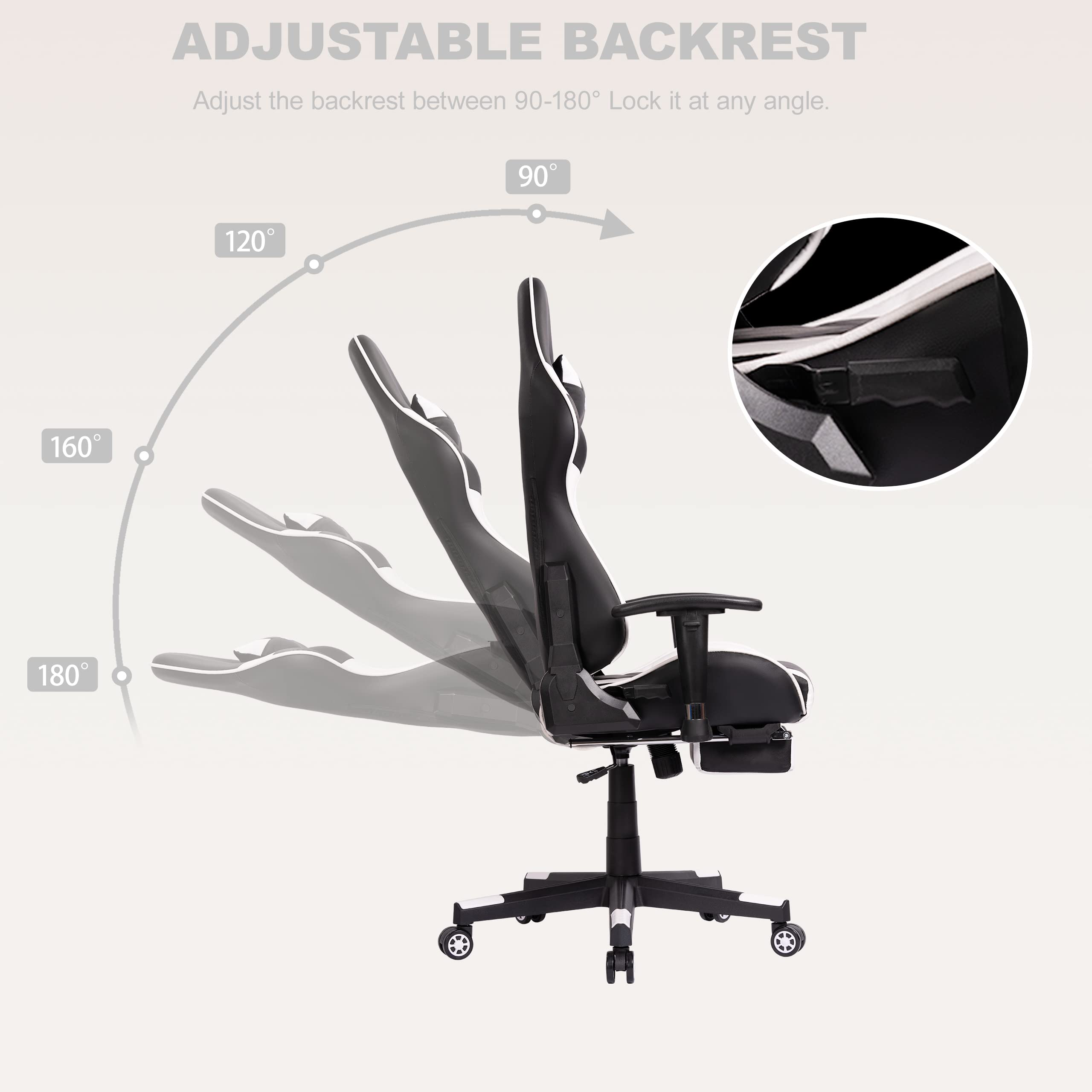 OHAHO Gaming Chair Racing Style Office Chair Adjustable Massage Lumbar Cushion Swivel Rocker Recliner High Back Ergonomic Computer Desk Chair with Retractable Arms and Footrest(Black/White)