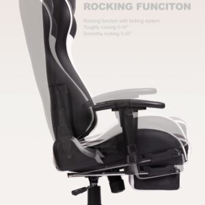 OHAHO Gaming Chair Racing Style Office Chair Adjustable Massage Lumbar Cushion Swivel Rocker Recliner High Back Ergonomic Computer Desk Chair with Retractable Arms and Footrest(Black/White)