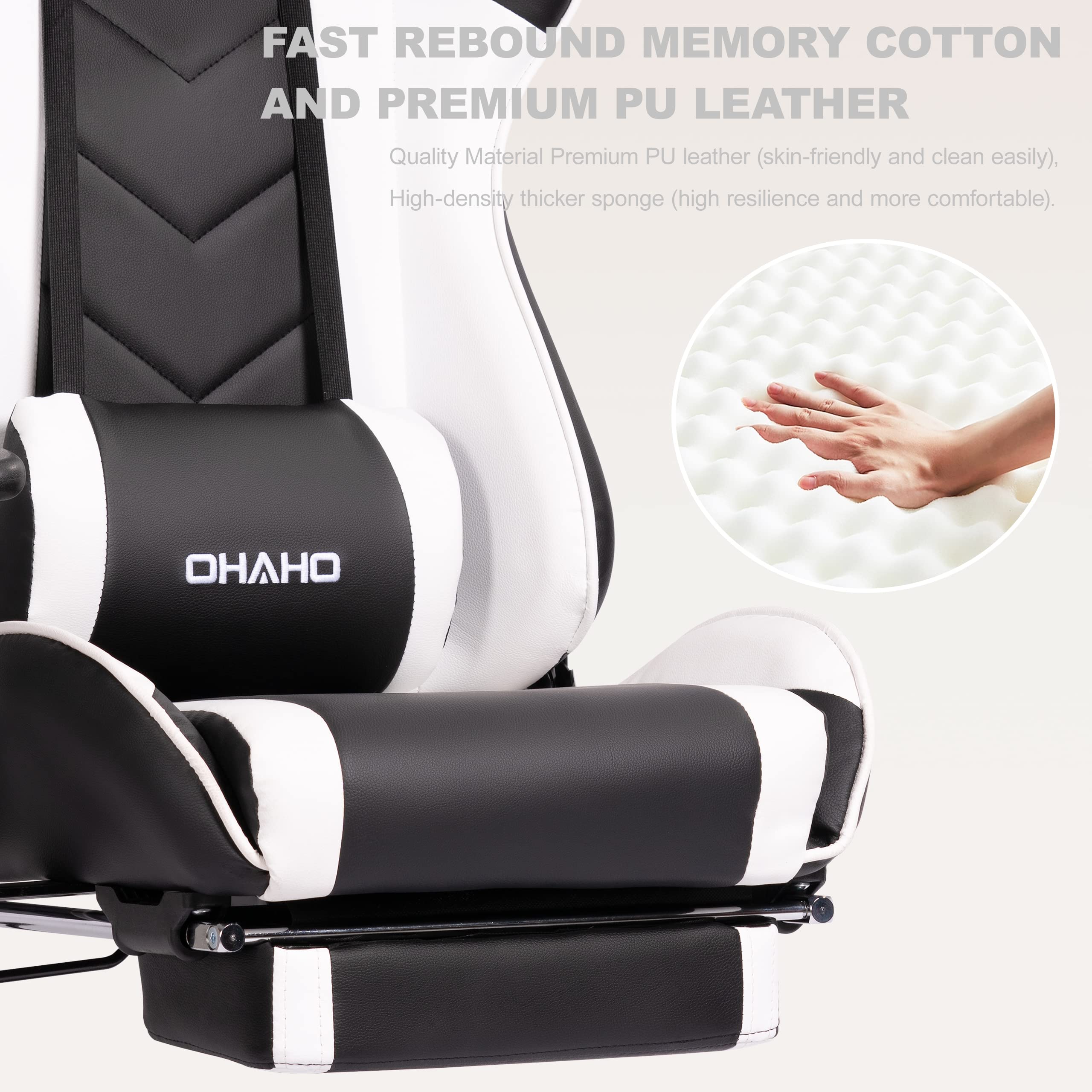 OHAHO Gaming Chair Racing Style Office Chair Adjustable Massage Lumbar Cushion Swivel Rocker Recliner High Back Ergonomic Computer Desk Chair with Retractable Arms and Footrest(Black/White)