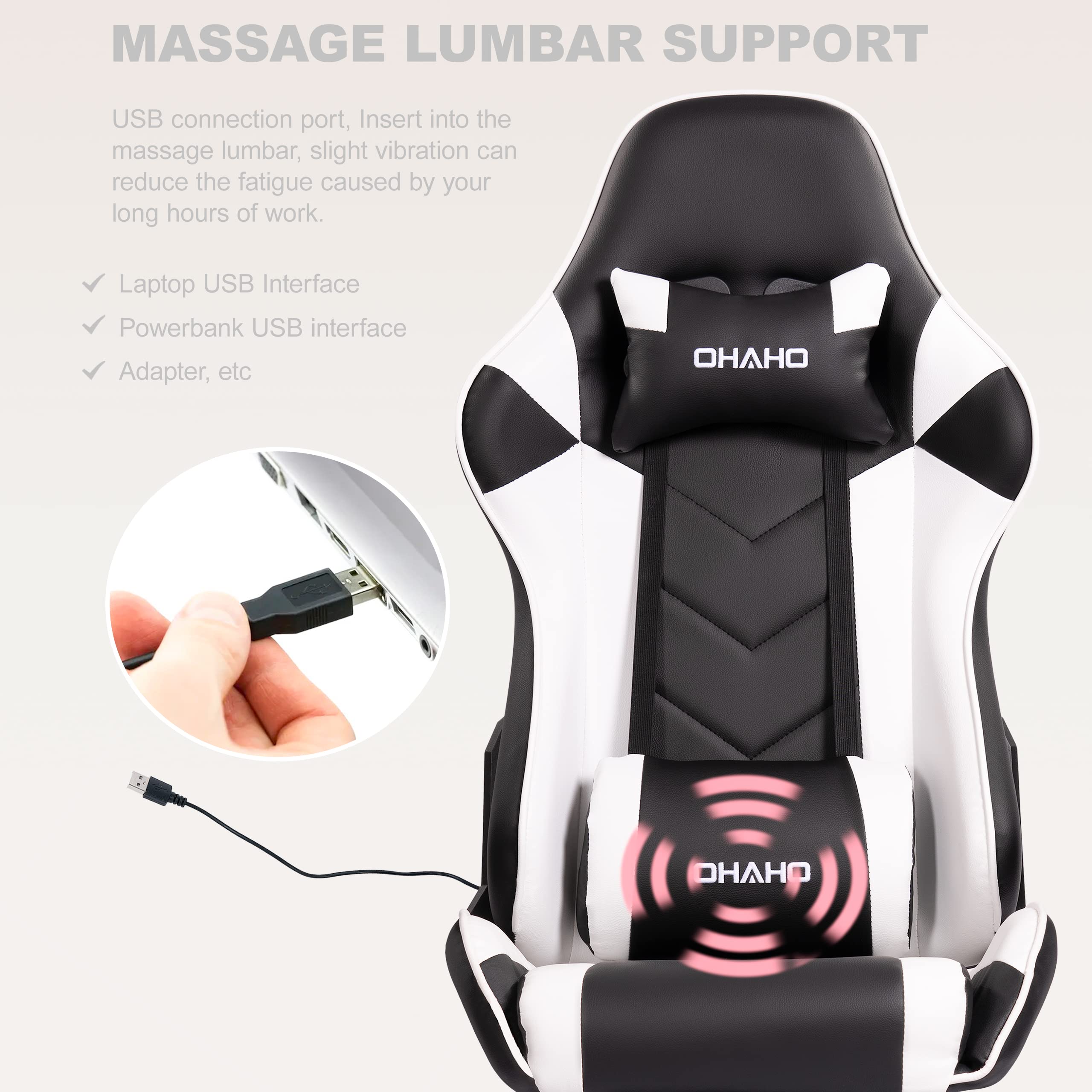 OHAHO Gaming Chair Racing Style Office Chair Adjustable Massage Lumbar Cushion Swivel Rocker Recliner High Back Ergonomic Computer Desk Chair with Retractable Arms and Footrest(Black/White)