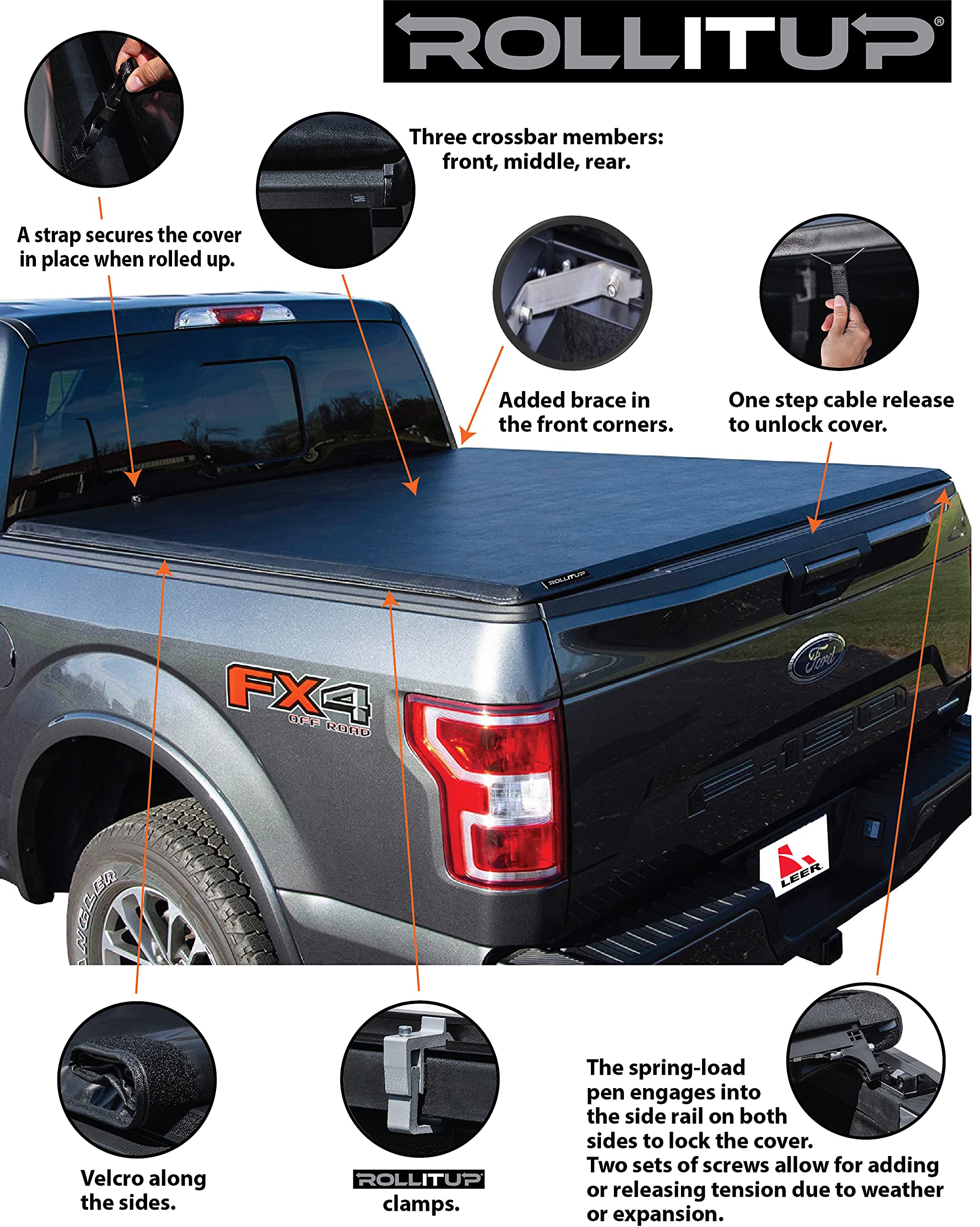 LEER ROLLITUP | Compatible with 2015-2023 Ford F-150 with 5.6' Bed | Soft Roll Up Truck Bed Tonneau Cover | 4R112 | Low-Profile, Sturdy, Easy 15-Minute Install (Black)