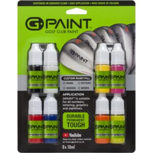 g-paint golf club paint touch up, fill in, customize or renovate your clubs - 8 pack of 10ml bottles. black, white, red, blue, yellow, pink, orange & green