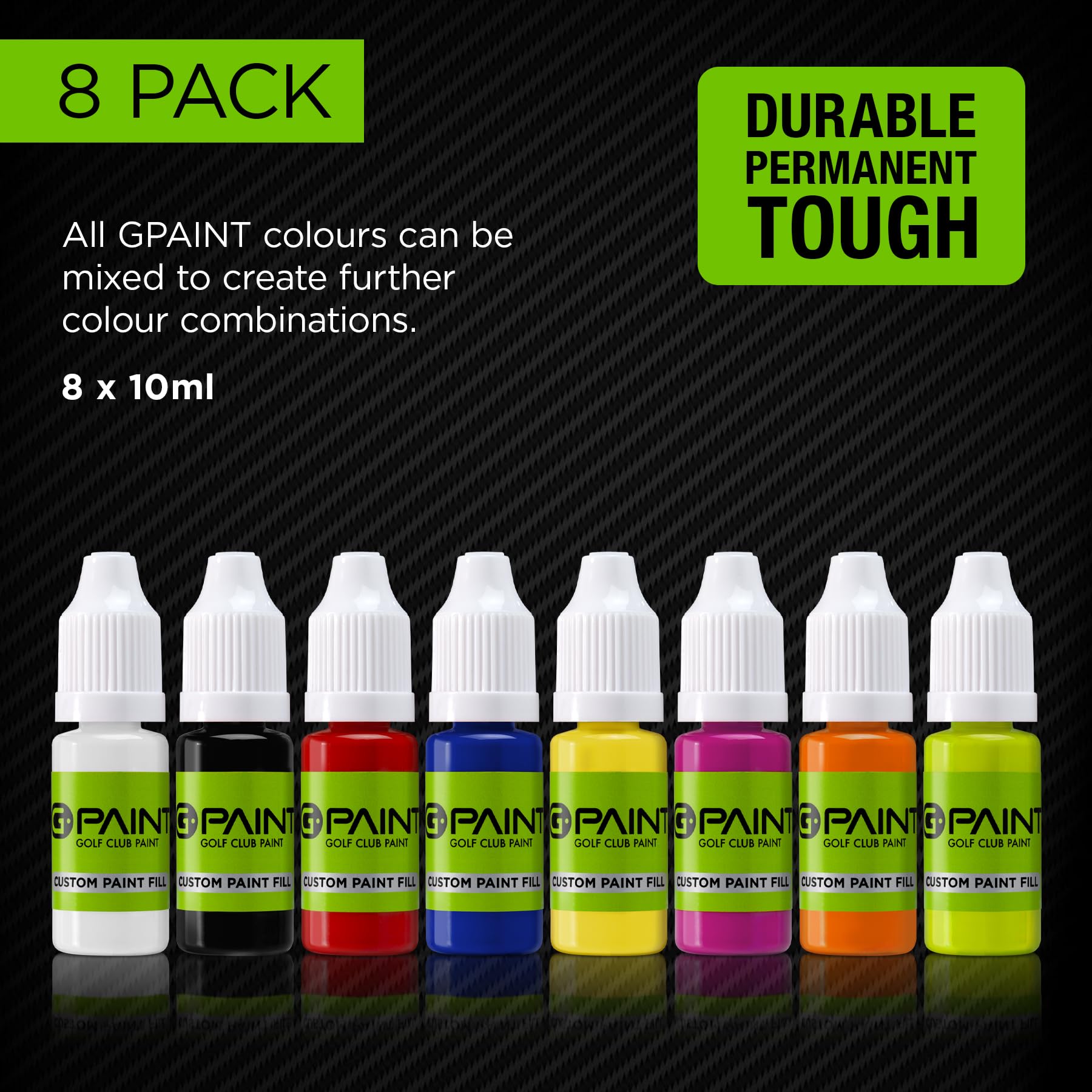 G-Paint Golf Club Paint Touch Up, Fill In, Customize or Renovate Your Clubs - 8 Pack of 10ml Bottles. Black, White, Red, Blue, Yellow, Pink, Orange & Green