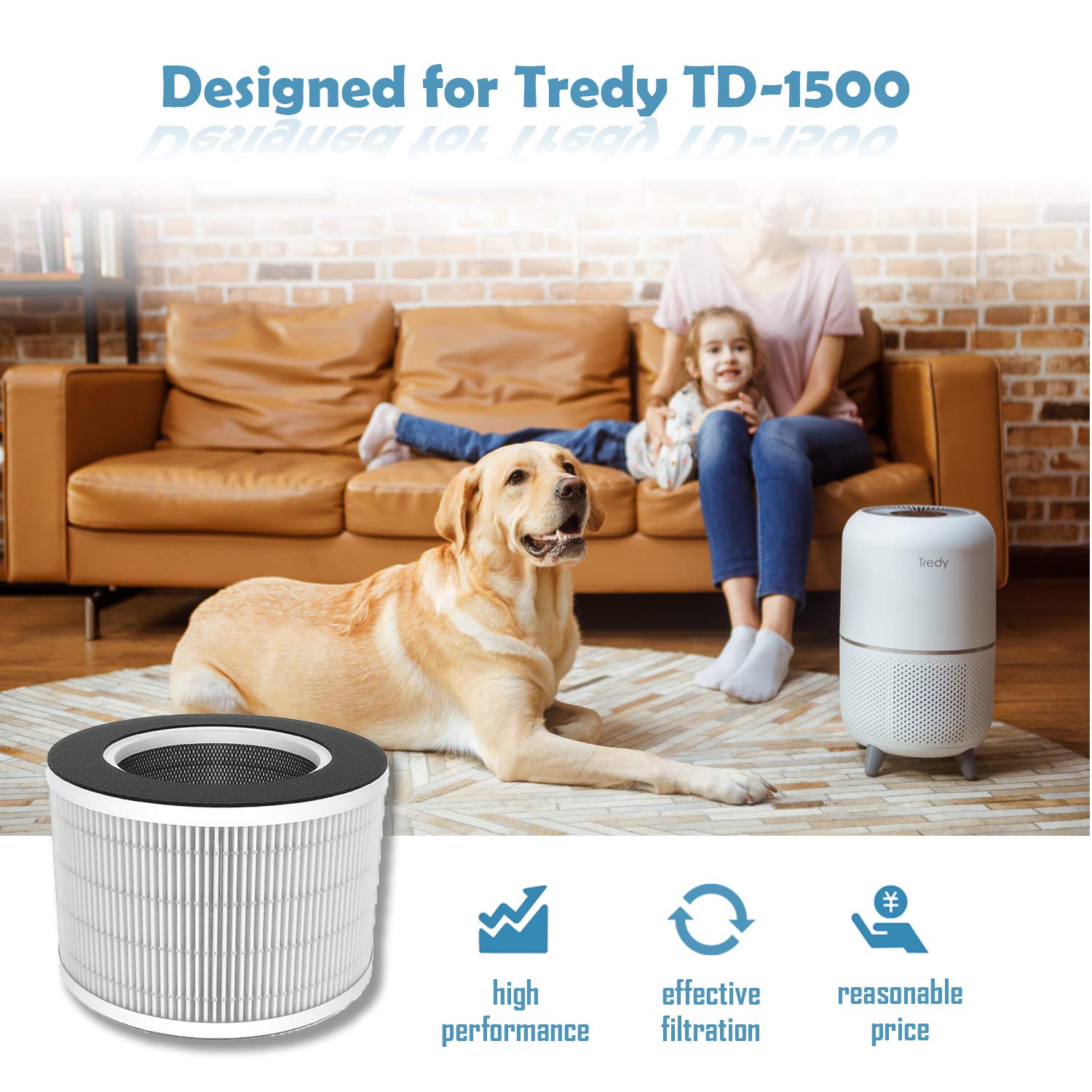 Tredy H13 Grade HEPA Air Purifier Replacement Filter for Smoke, Smokers, Dust, Odors, Pet Dander, TD-1500, 1 Pack