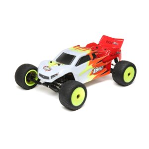 losi 1/18 mini-t 2.0 2 wheel drive stadium rc truck brushed ready to run battery receiver charger and transmitter included red/white los01015t1