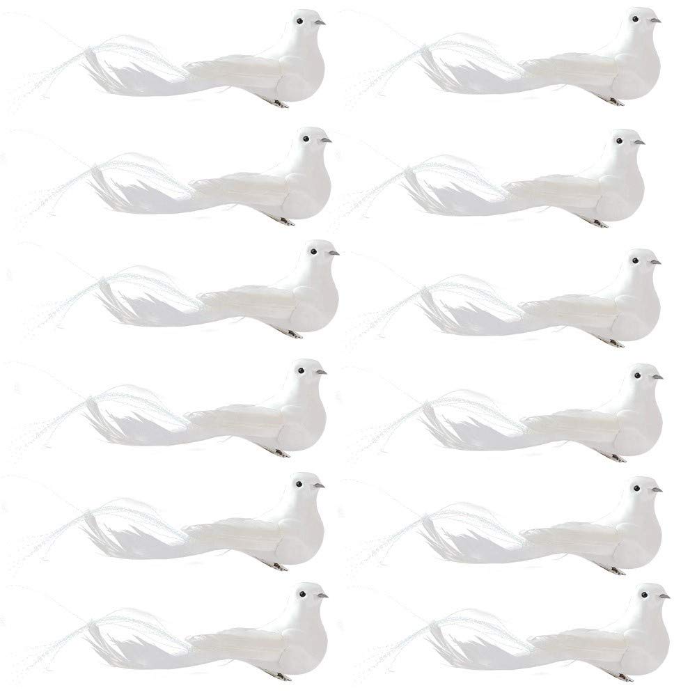 TRRAPLE Artificial Feather Birds, Foam Doves with Clips Simulation Feather White Birds Craft Piegons for DIY Craft Home Ornaments Garden Wedding Christmas Tree Decor 12 Pcs