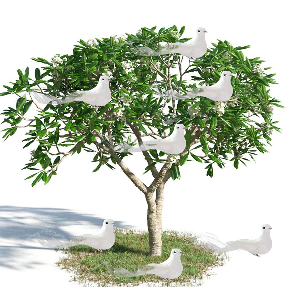 TRRAPLE Artificial Feather Birds, Foam Doves with Clips Simulation Feather White Birds Craft Piegons for DIY Craft Home Ornaments Garden Wedding Christmas Tree Decor 12 Pcs