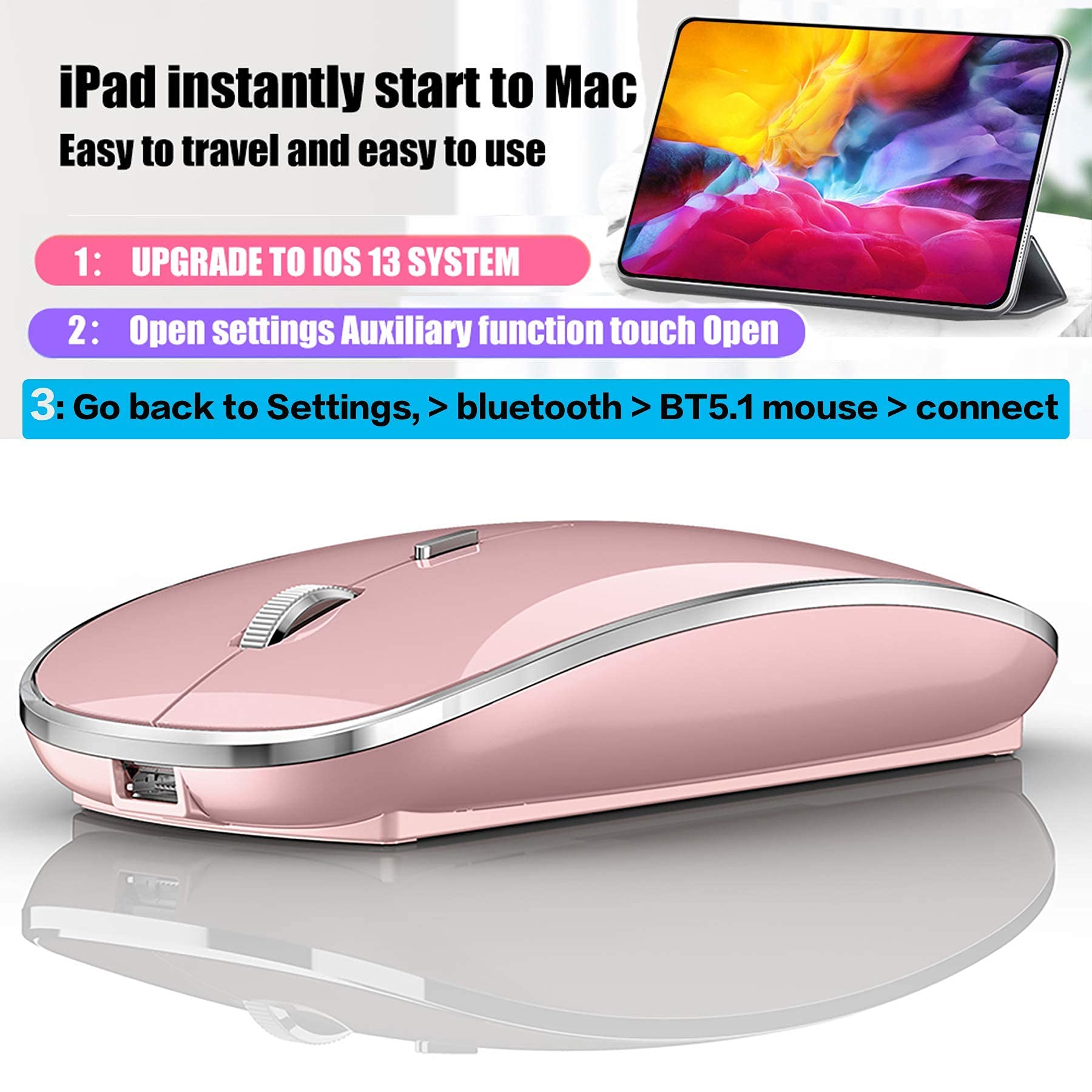 Bluetooth Mouse for iPad pro iPad Air Mac MacBook Pro MacBook Air MacBook Wireless Mouse Laptop Chromebook Win8/10/11 HP DELL PC (Pink)