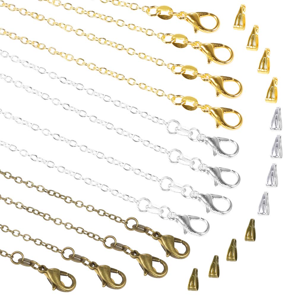 PP OPOUNT 30 Pack Necklace Chains in Gold, 18 inch Silver and Bronze Plated, Bulk Cable Chain with Pinch Clasp Bails Dangle Charms for Jewelry Making