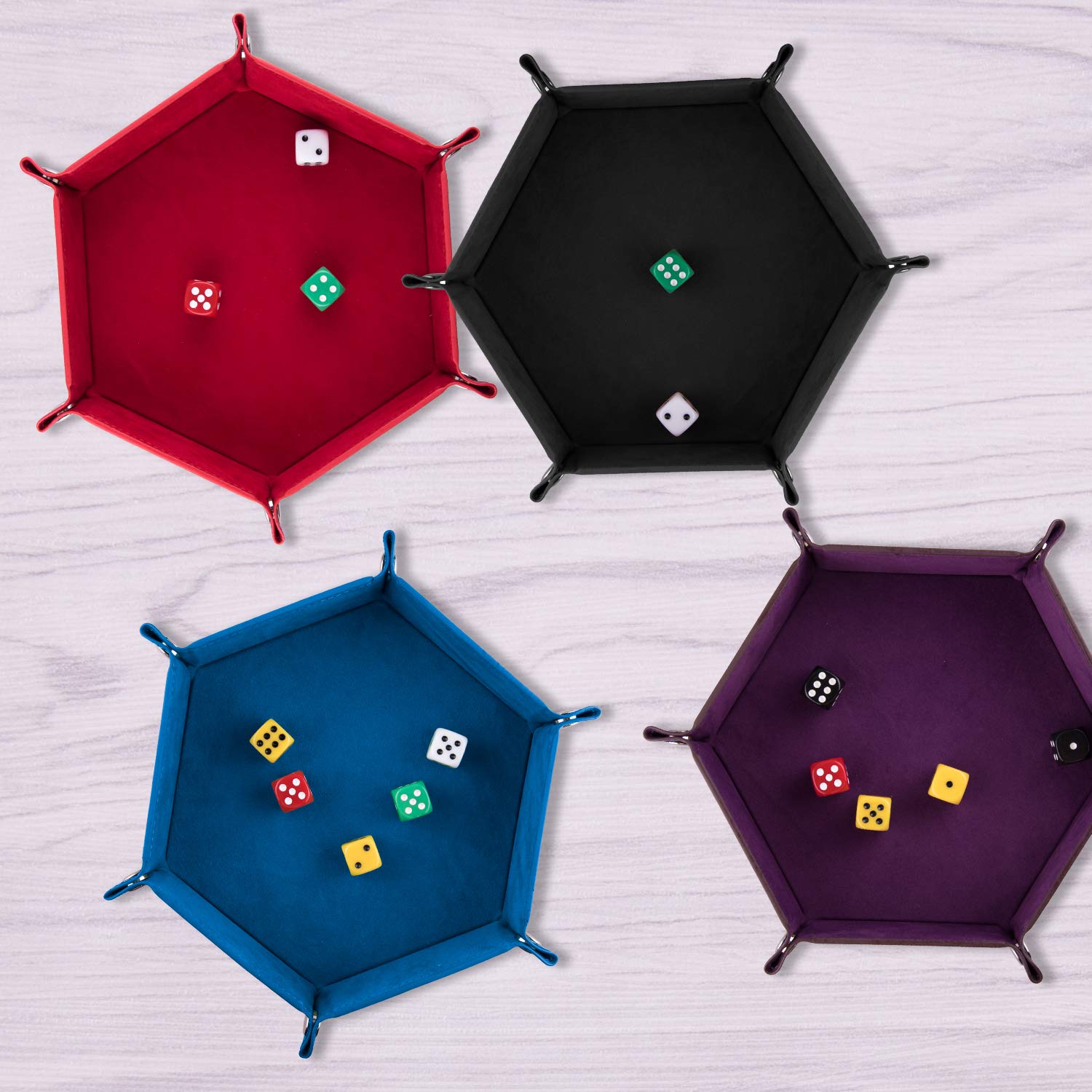 SIQUK 4 Pieces Dice Tray Set Foldable Dice Trays Hexagon Dice Rolling Tray PU Leather Dice Holder for Dice Games Like RPG, DND and Other Table Games (Red, Black, Blue and Violet)