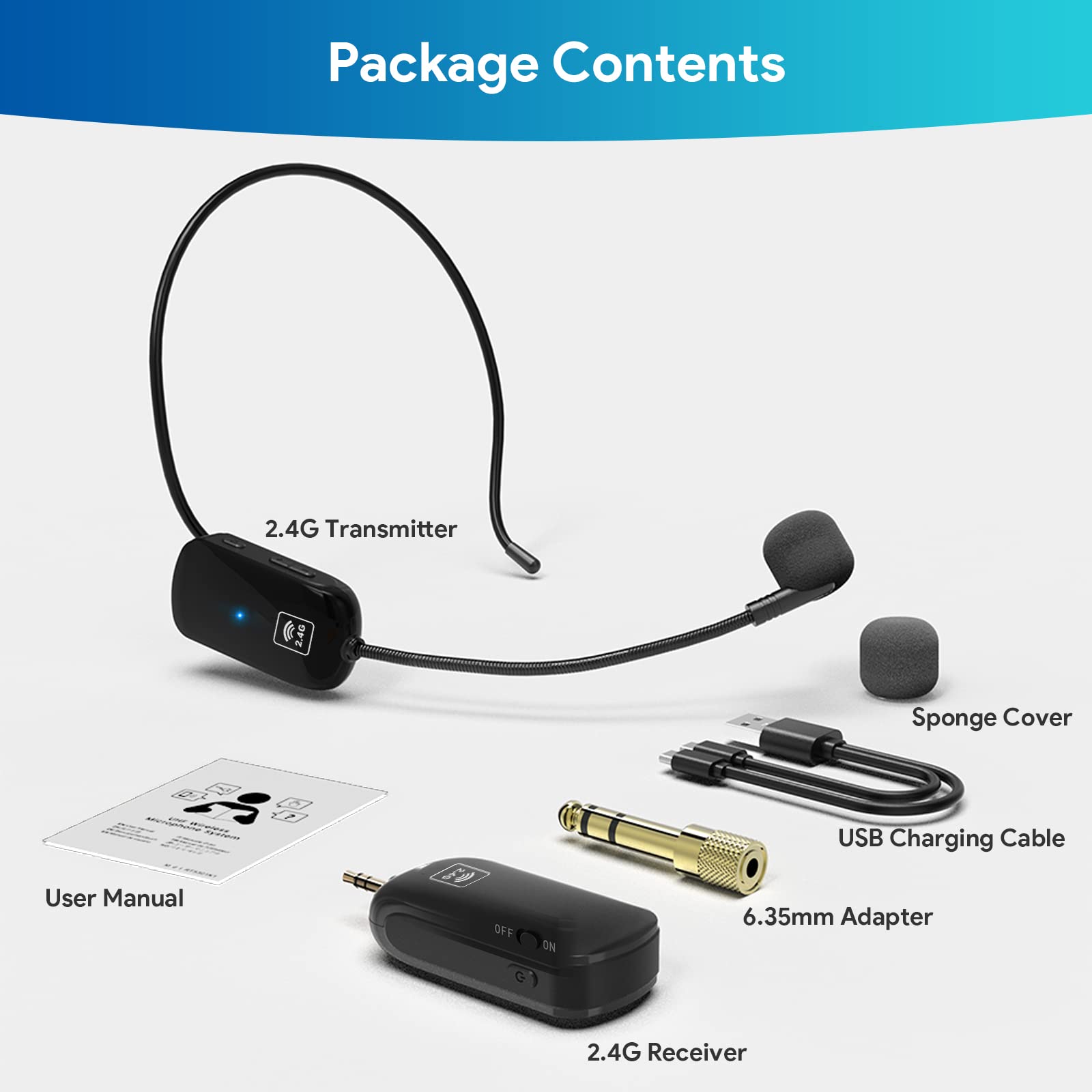 1Mii Wireless Microphone Headset, 2.4G Wireless Headset Mic and Handheld Mic 2 in 1, 165ft Range, 1/8''&1/4'' Plug, for Speakers, Voice Amplifier, PA System