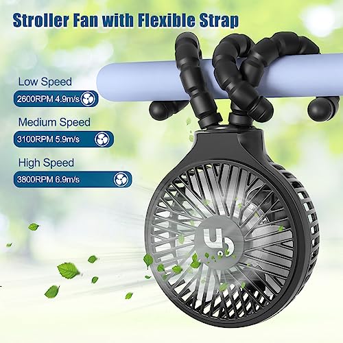 WiHoo 5200mAh Stroller Fan with LED Lights,Portable Fan for Car Seat Baby Stroller Fan with Flexible Tripod 3 Speeds for Golf Cart Crib Bike Treadmill