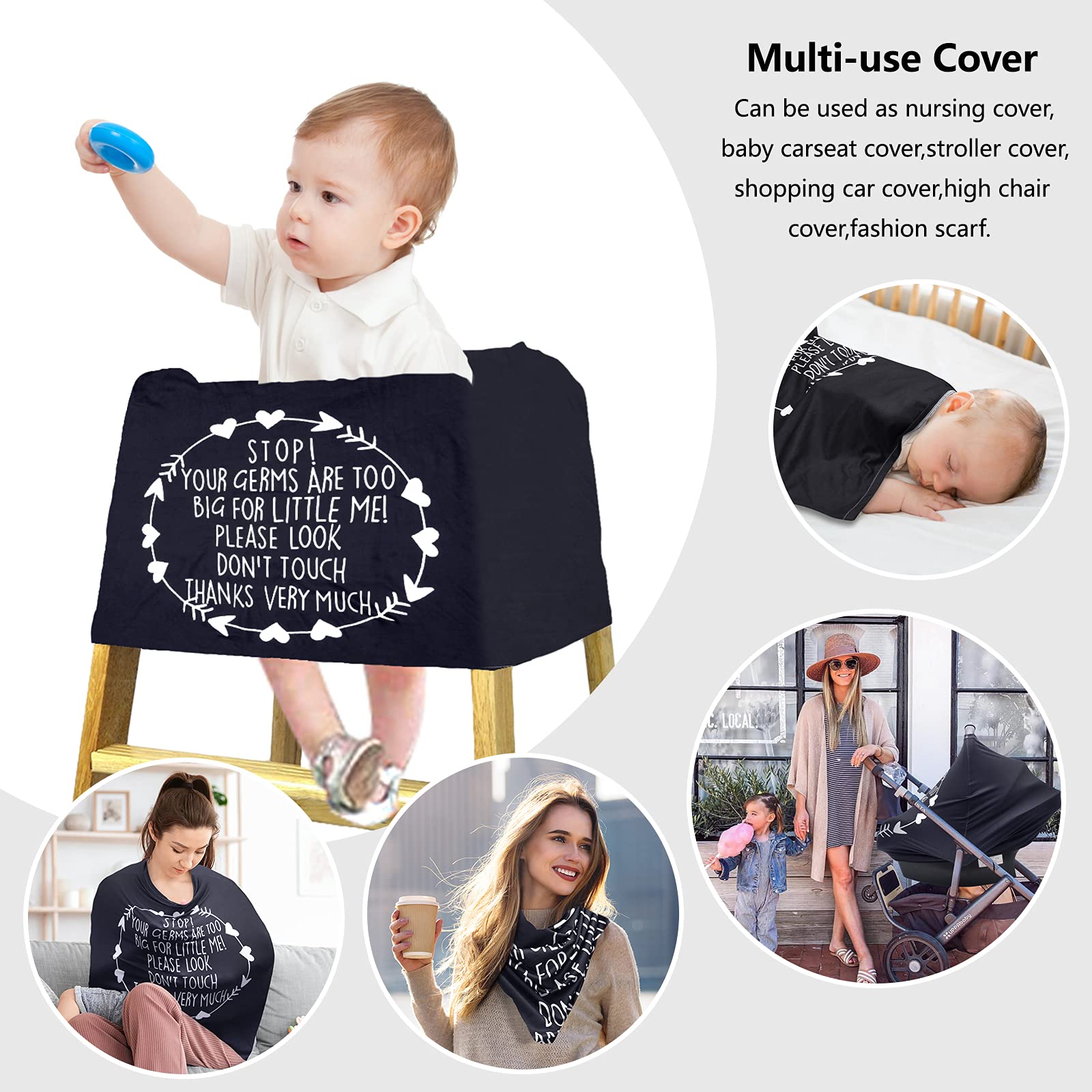 Car Seat Covers for Babies, Nursing Breastfeeding Cover Infant Carseat Canopy, Soft Stretchy Carrier Cover for Stroller High Chair Shopping Cart, Newborn Boy Girl Shower Gift - Stop No Touching Sign