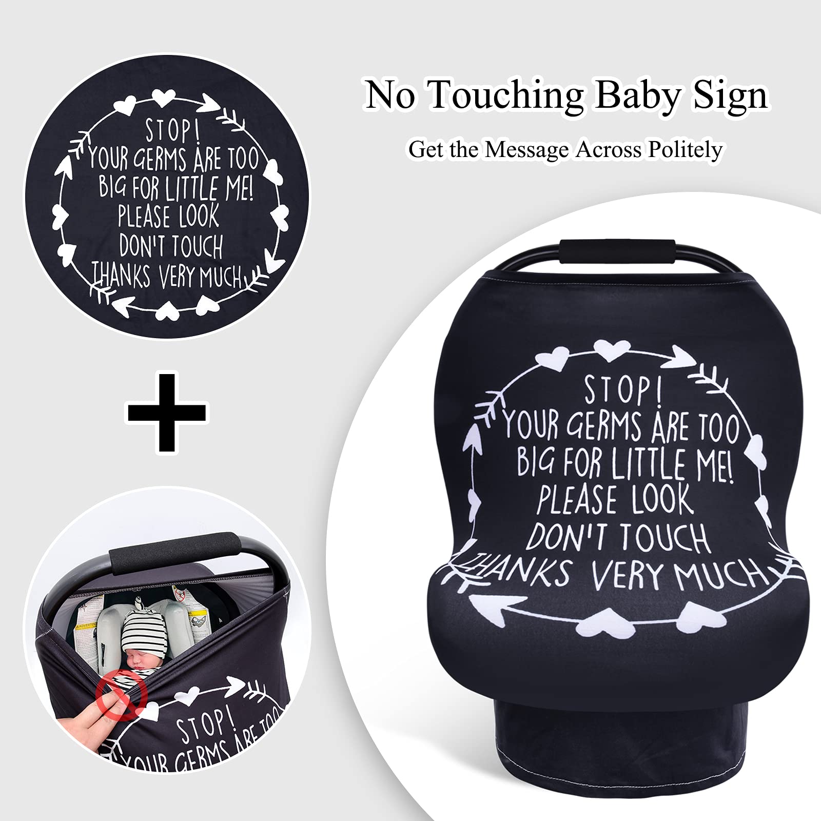 Car Seat Covers for Babies, Nursing Breastfeeding Cover Infant Carseat Canopy, Soft Stretchy Carrier Cover for Stroller High Chair Shopping Cart, Newborn Boy Girl Shower Gift - Stop No Touching Sign