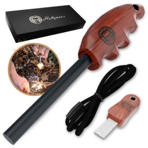 wood handle fire starter ferro rod gift set w/finger grip survival bushcraft gear (dark brown)