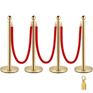 bestequip velvet ropes and posts 4 pcs, 3 red velvet rope 5 ft, stanchion post with ball top, crowd control barriers gold stanchions, red carpet poles, crowd control ropes and poles for party supplies