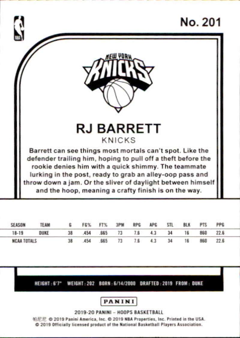 2019-20 Panini NBA Hoops #201 RJ Barrett New York Knicks Rookie Basketball Card