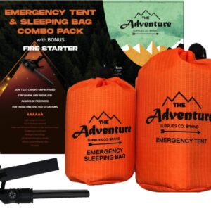 Emergency Sleeping Bag & Tent Shelter, Stocking Stuffer! Combo Prepper kit Survival Tent, Bivy Sack Tent, Sleeping Bag, Fire Starter + Whistle, Mylar Thermal Adventure Supply Co.