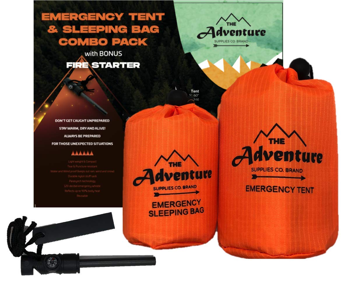 Emergency Sleeping Bag & Tent Shelter, Stocking Stuffer! Combo Prepper kit Survival Tent, Bivy Sack Tent, Sleeping Bag, Fire Starter + Whistle, Mylar Thermal Adventure Supply Co.