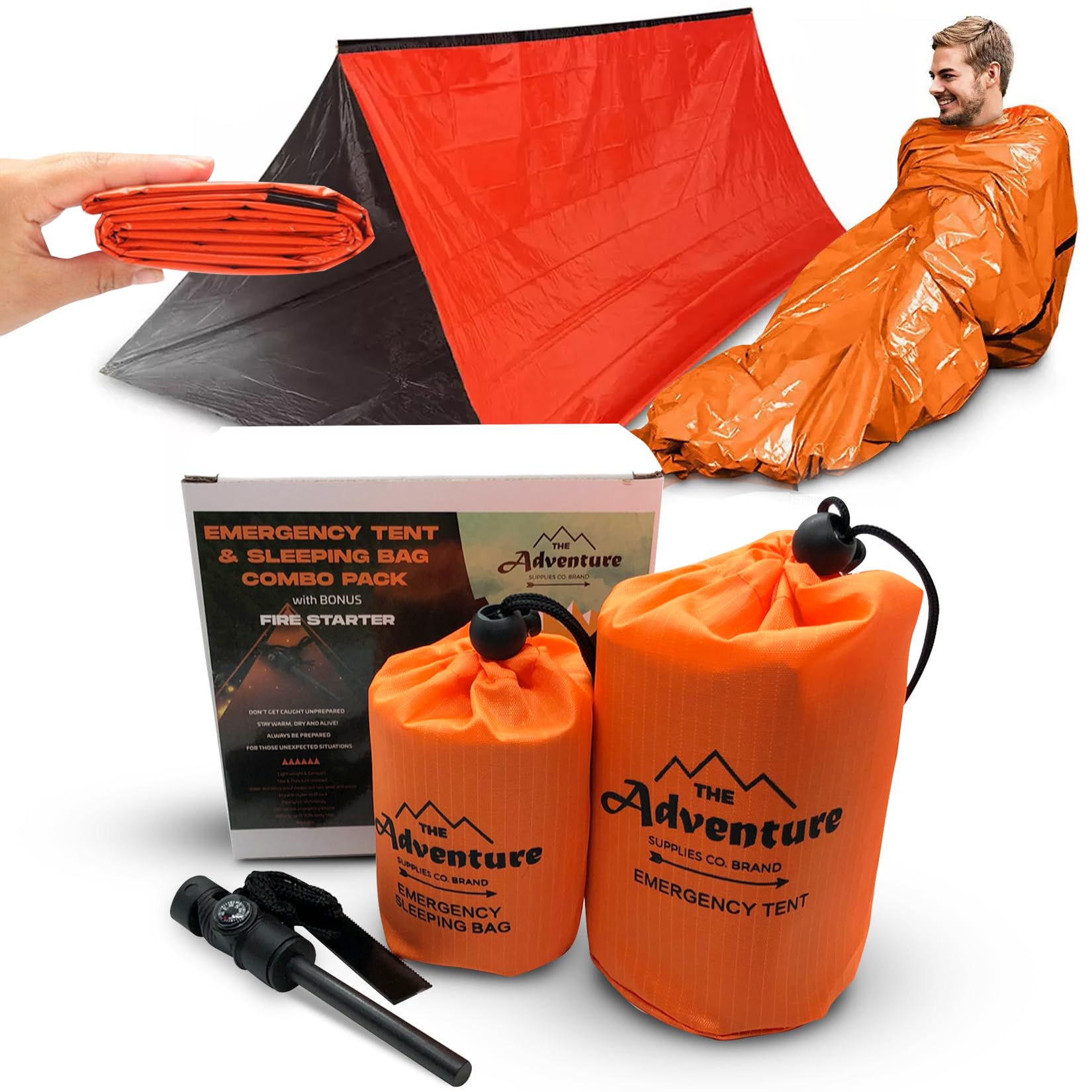 Emergency Sleeping Bag & Tent Shelter, Stocking Stuffer! Combo Prepper kit Survival Tent, Bivy Sack Tent, Sleeping Bag, Fire Starter + Whistle, Mylar Thermal Adventure Supply Co.