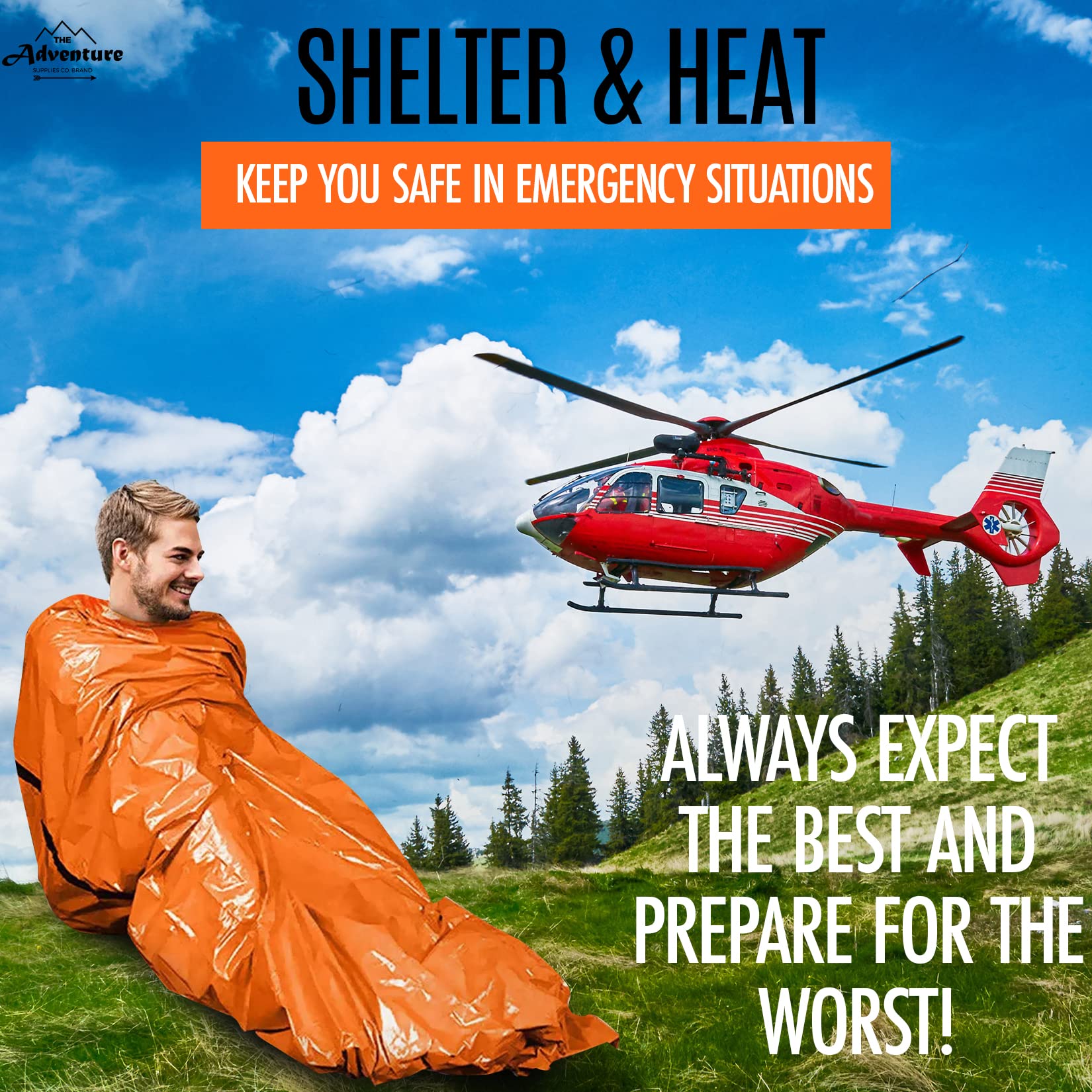 Emergency Sleeping Bag & Tent Shelter, Stocking Stuffer! Combo Prepper kit Survival Tent, Bivy Sack Tent, Sleeping Bag, Fire Starter + Whistle, Mylar Thermal Adventure Supply Co.