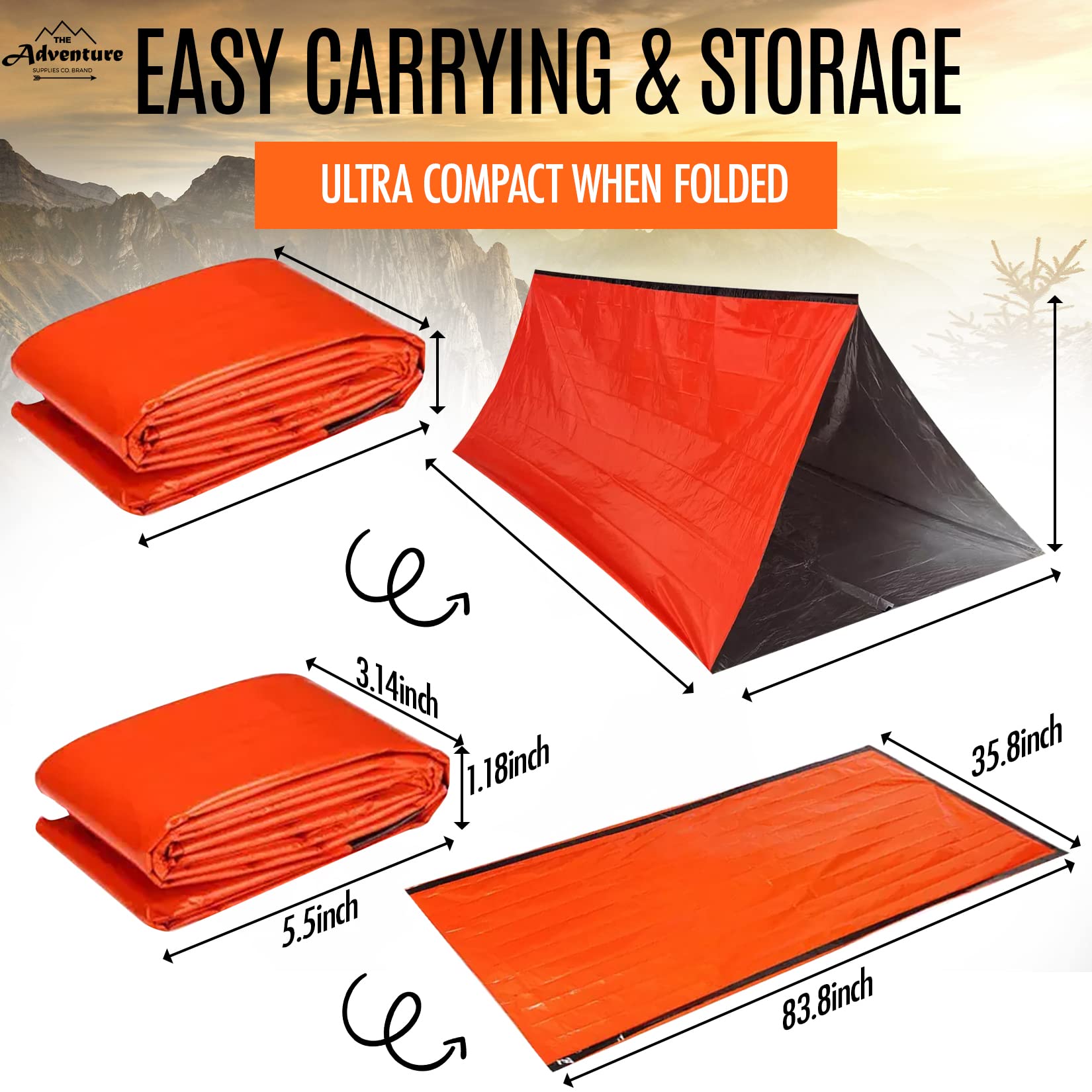 Emergency Sleeping Bag & Tent Shelter, Stocking Stuffer! Combo Prepper kit Survival Tent, Bivy Sack Tent, Sleeping Bag, Fire Starter + Whistle, Mylar Thermal Adventure Supply Co.