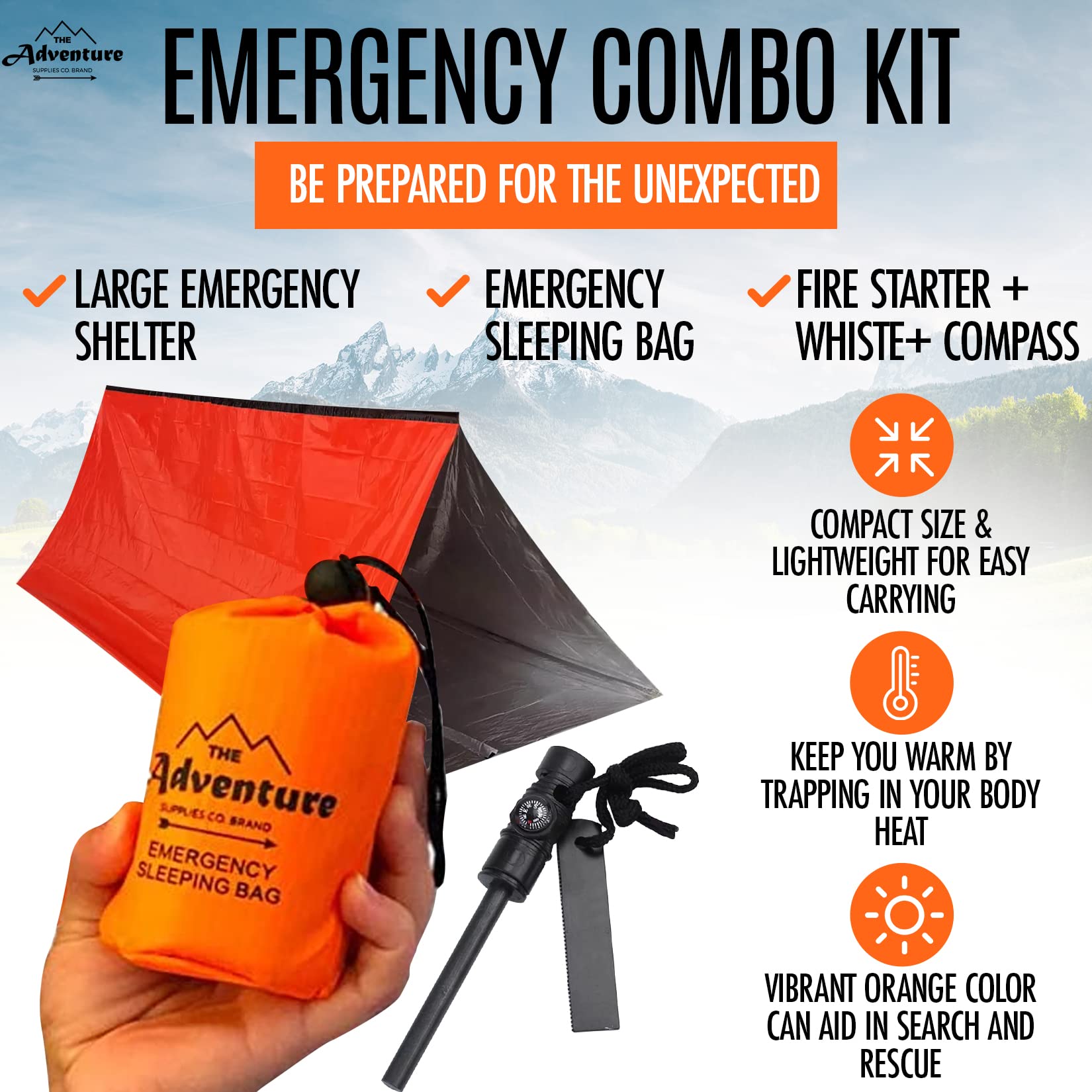 Emergency Sleeping Bag & Tent Shelter, Stocking Stuffer! Combo Prepper kit Survival Tent, Bivy Sack Tent, Sleeping Bag, Fire Starter + Whistle, Mylar Thermal Adventure Supply Co.